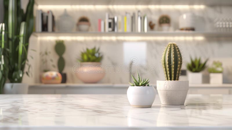 Empty Beautiful Table Top with Cactus and Blur Bokeh Modern Kitchen ...