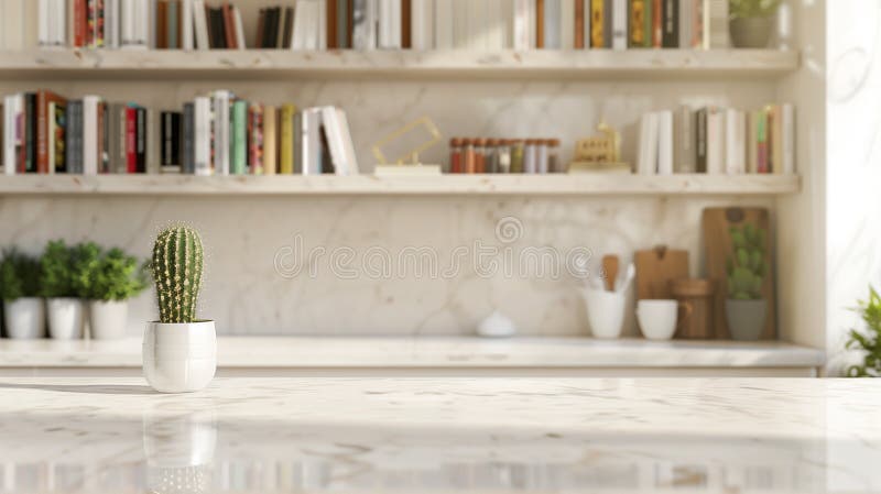 Empty Beautiful Table Top with Cactus and Blur Bokeh Modern Kitchen ...