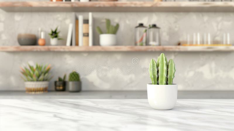 Empty Beautiful Table Top with Cactus and Blur Bokeh Modern Kitchen ...