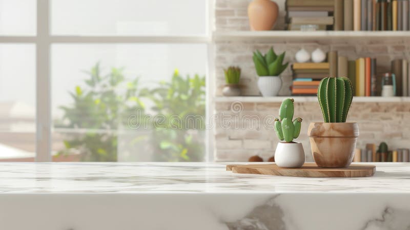 Empty Beautiful Table Top with Cactus and Blur Bokeh Modern Kitchen ...