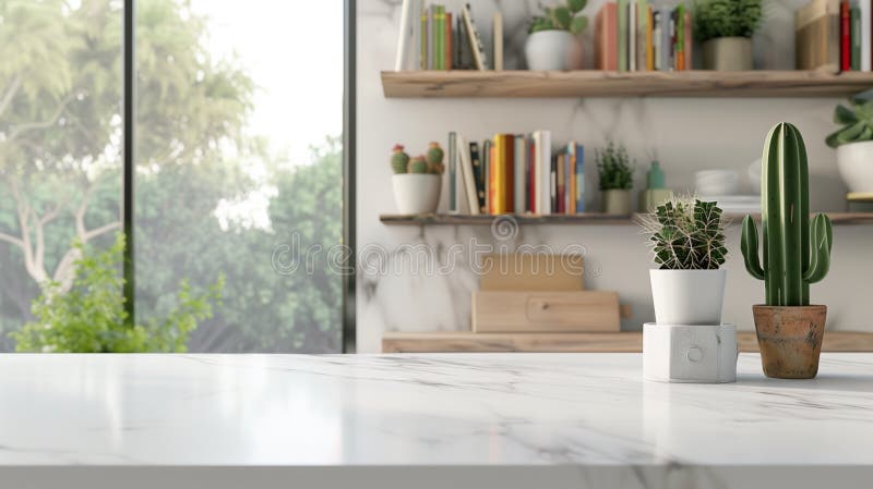 Empty Beautiful Table Top with Cactus and Blur Bokeh Modern Kitchen ...