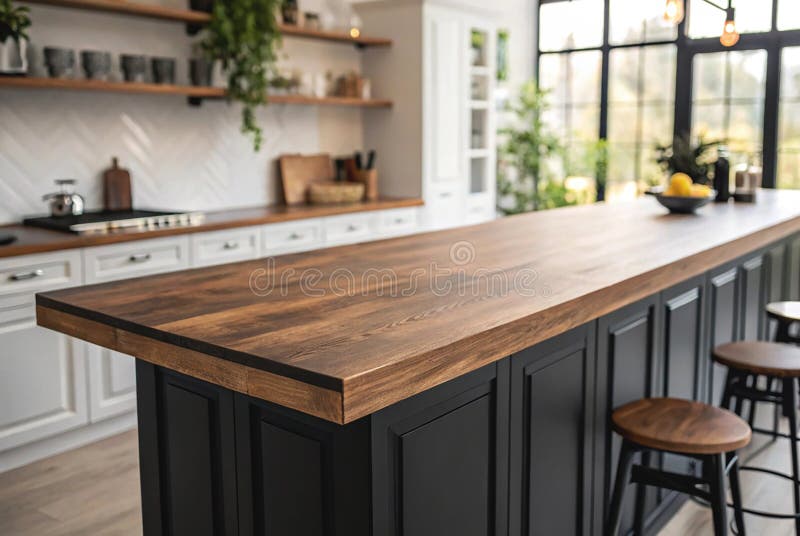Beautiful Wood Tabletop Counter on Interior in Clean and Bright Kitchen ...
