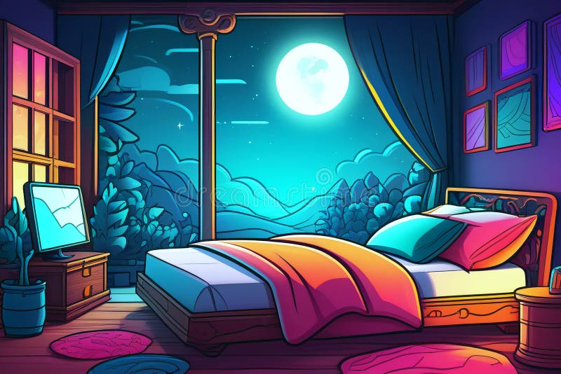 Empty Bedroom with a Bed, Nightstand and Large Panoramic Window Stock ...