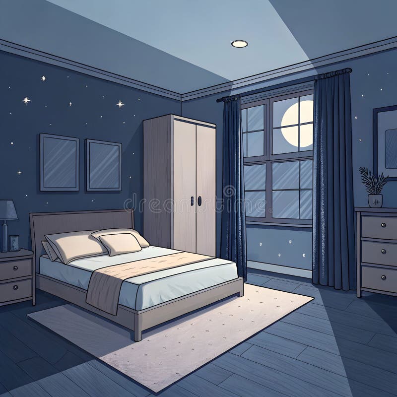 An Empty Bedroom at Night, Depicted in a Flat Vector Illustration Style ...