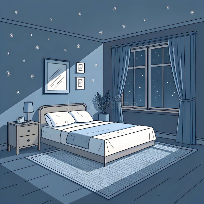 An Empty Bedroom at Night, Depicted in a Flat Vector Illustration Style ...