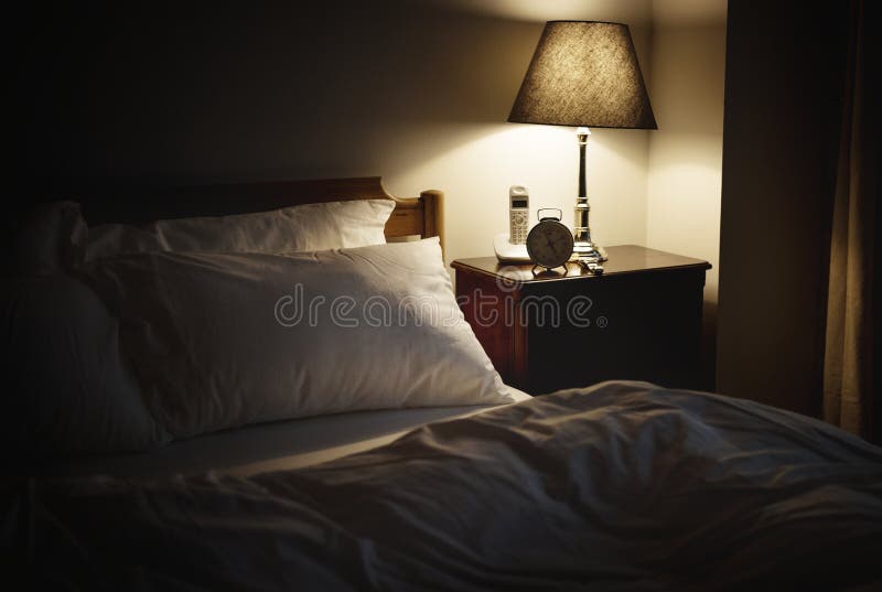 Empty bedroom in the night stock photo. Image of clock - 109173472