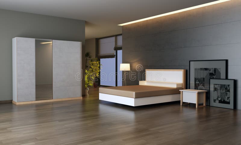 Empty Bedroom with Night Lighting Stock Illustration - Illustration of ...