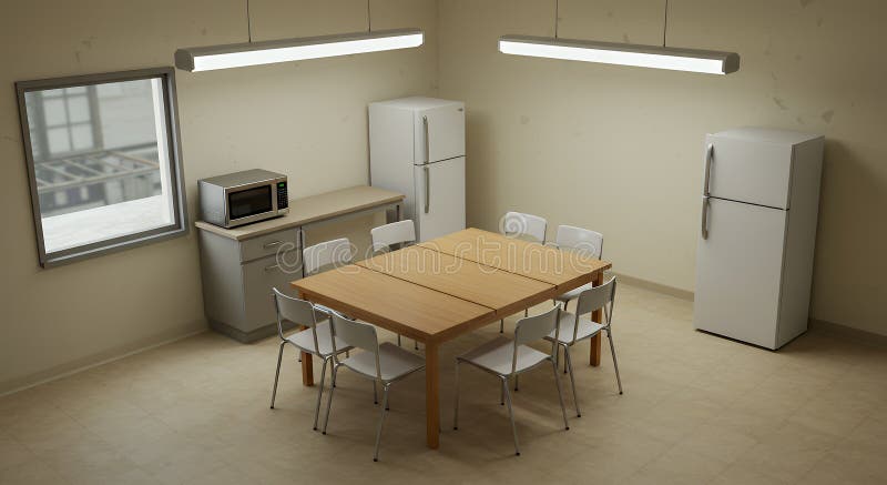 Empty Beige Break Room Minimalist 3D Render: Light Wood Table Six White ...