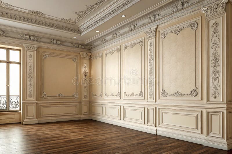 Beige Classic Interior with Moldings and Blank Wall Stock Illustration ...