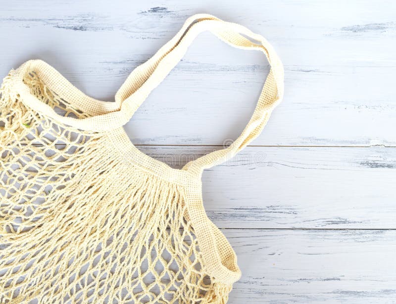 Empty Beige Net Bag on Wooden Background Stock Photo - Image of vintage ...