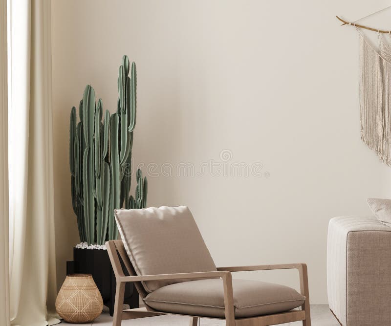 Empty Beige Wall Mock Up in Country, Boho Style Interior Background ...