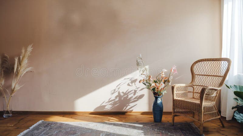 Empty Beige Wall Mockup in Boho Interior with Wicker Chair and Vase ...