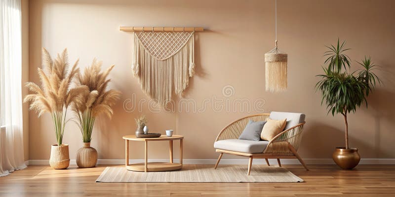 Empty Beige Wall Mockup in Boho Room Interier AI Generative Stock Image ...