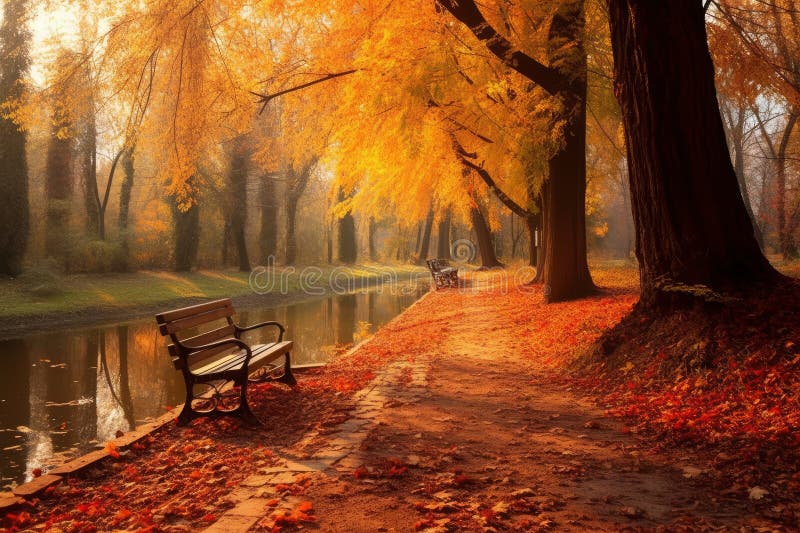 Empty Bench in Autumn Park, Fall Landscape, AI Generated Stock ...