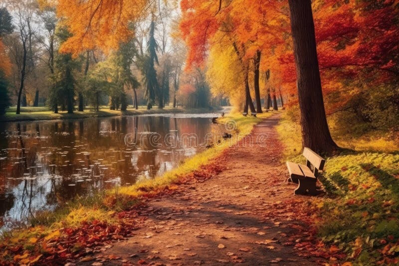 Empty Bench in Autumn Park, Fall Landscape, AI Generated Stock ...