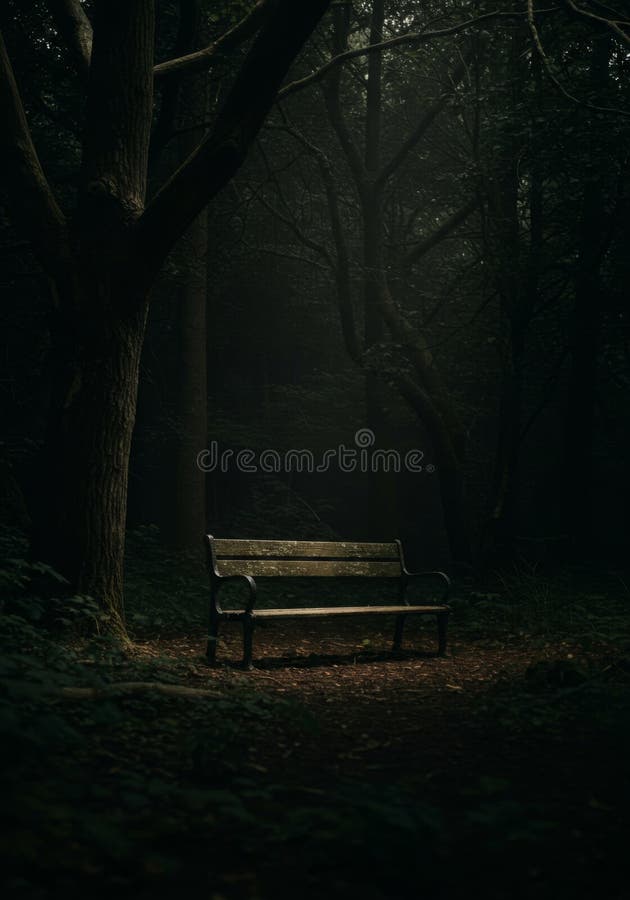 Empty Bench in Dark Forest stock illustration. Illustration of wood ...