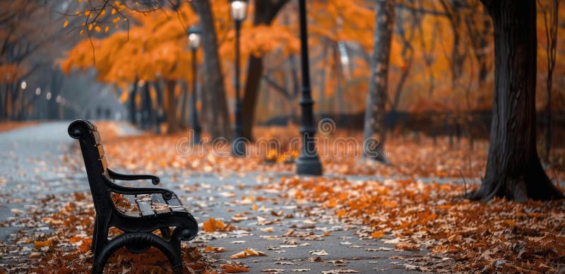Empty Bench on Fall Pathway Stock Photo - Image of golden, peaceful ...