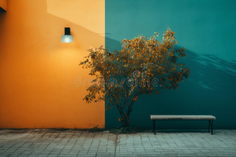 An Empty Bench in Front of an Orange and Blue Wall Stock Illustration ...