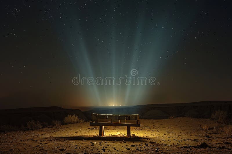 Empty Bench Illuminated by Light Beams Under Starry Night Sky AI Image ...