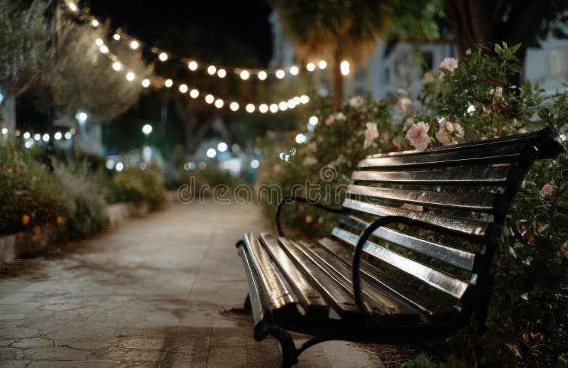 Empty Bench Illuminating Romantic Path at Night in City Park Stock ...