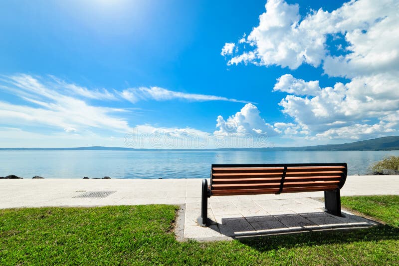 Empty Bench on Lake Bracciano Stock Image - Image of panorama ...