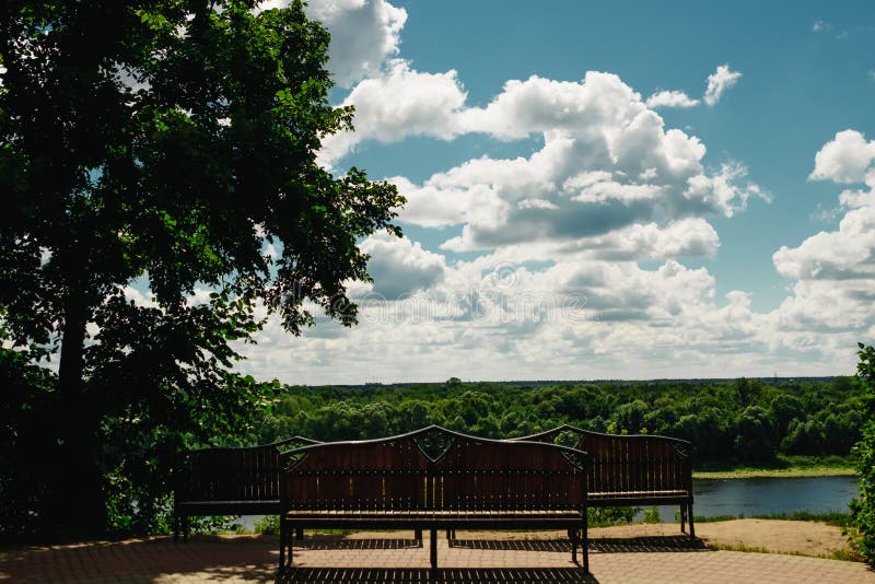 Empty bench and lake sight stock photo. Image of natural - 160355070