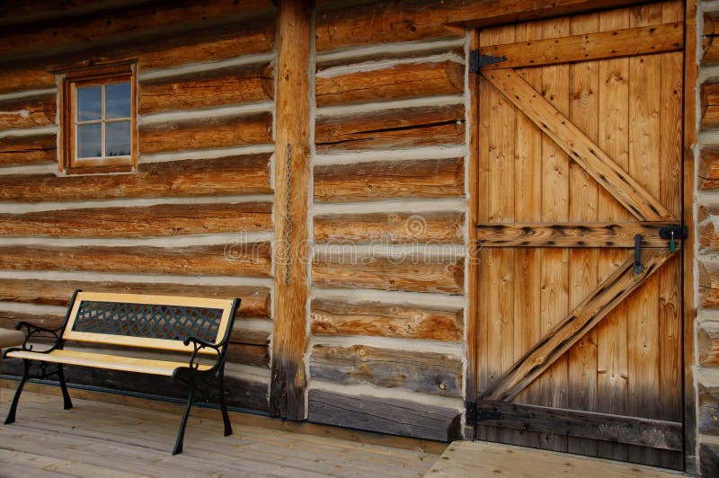 Empty Bench Log Cabin Door Window Stock Photo - Image of black, logs ...