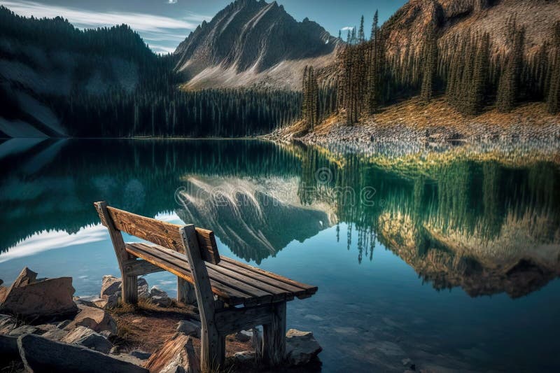 Empty Bench in Mountain Stands at Edge of Clear Mountain Lake Stock ...