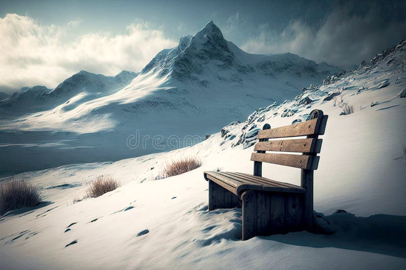 Empty Bench in Mountain Stands on Snow-covered Mountainside Stock ...
