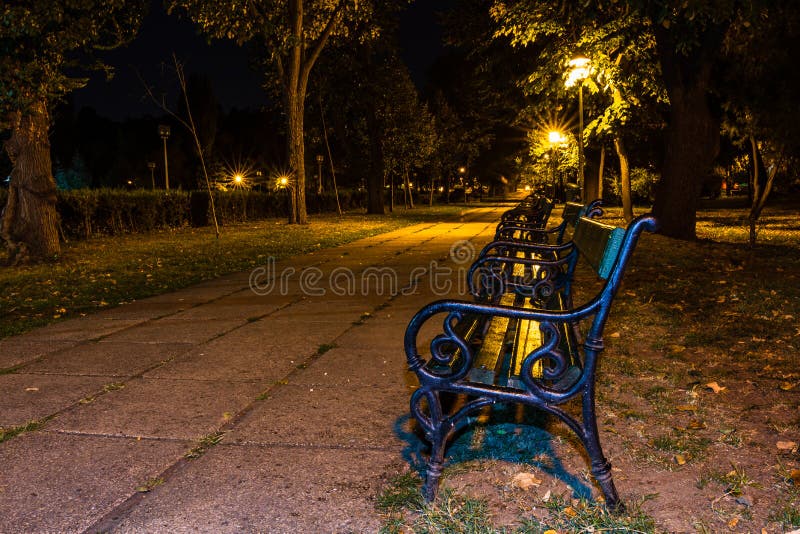 Empty Bench at Night in the Park Stock Photo - Image of road, street ...