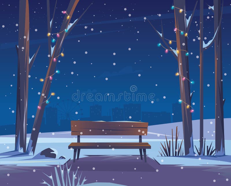 An Empty Bench in a Night Winter Park. Vector Flat Illustration. Stock ...