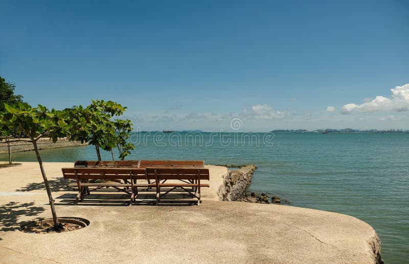 Empty bench on sea beach stock photo. Image of empty - 251233576