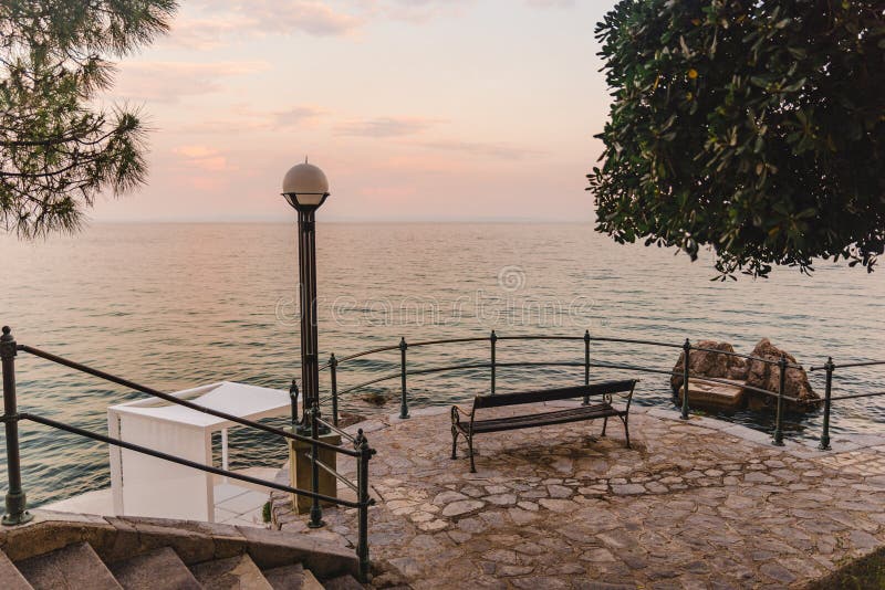 Empty Bench at Sea Beach on Sunset Stock Image - Image of seaside ...