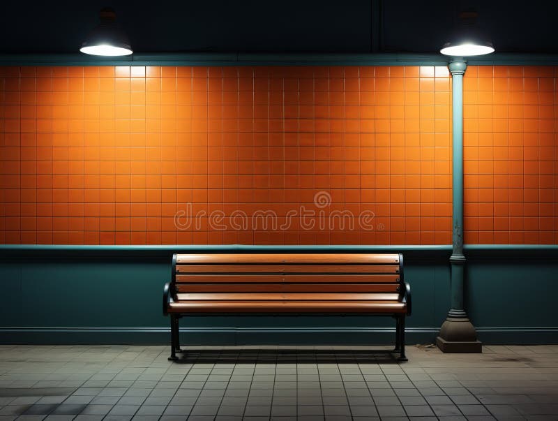 An Empty Bench Sitting in Front of an Orange Wall Stock Illustration ...