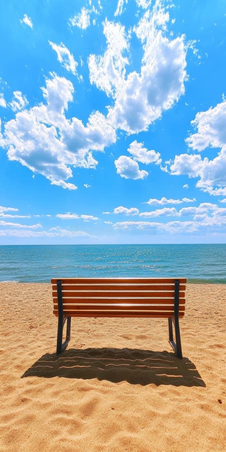 Empty Bench on Sunny Beach, Ocean Views and Blue Sky with Fluffy Clouds ...
