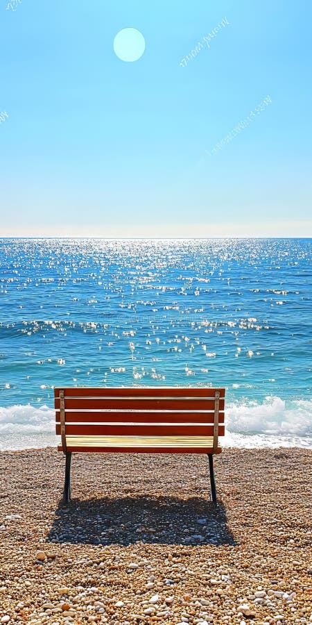 Empty Bench on a Sunny Beach Tranquil Oceanfront Scene for Relaxation ...