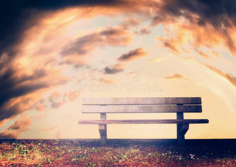 Empty Bench at Sunset Sky Background Stock Image - Image of horizon ...