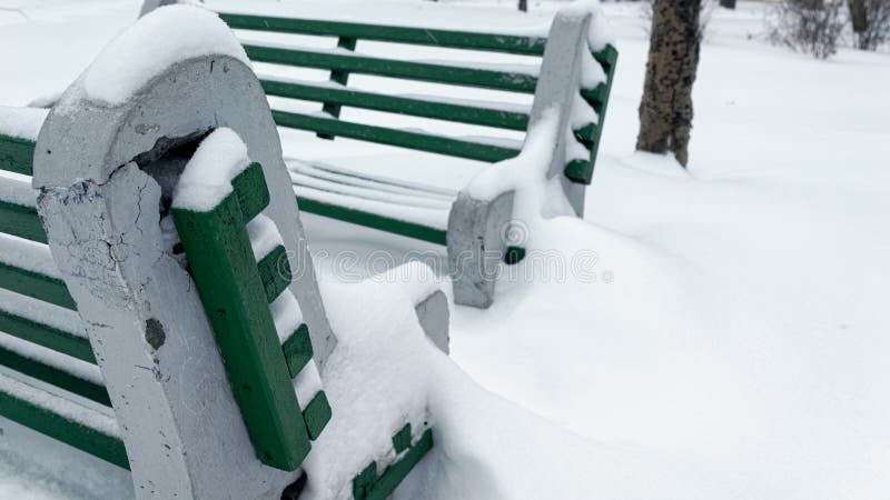 Empty Benches Under Snow in Winter Stock Image - Image of concrete ...