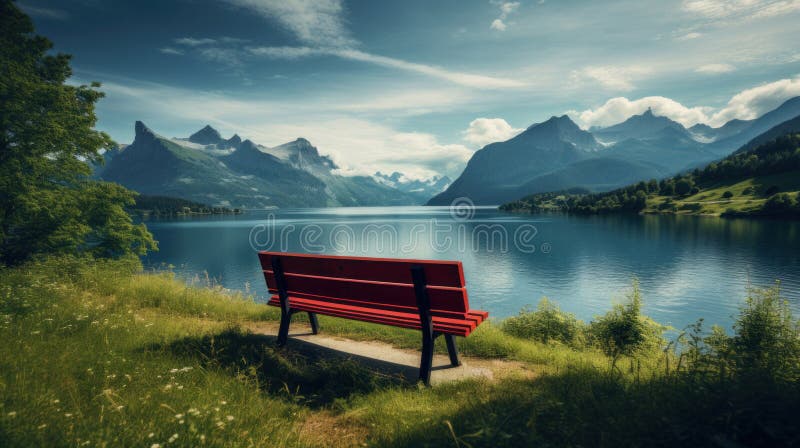 Empty Bench with a View To Mountain Stock Illustration - Illustration ...