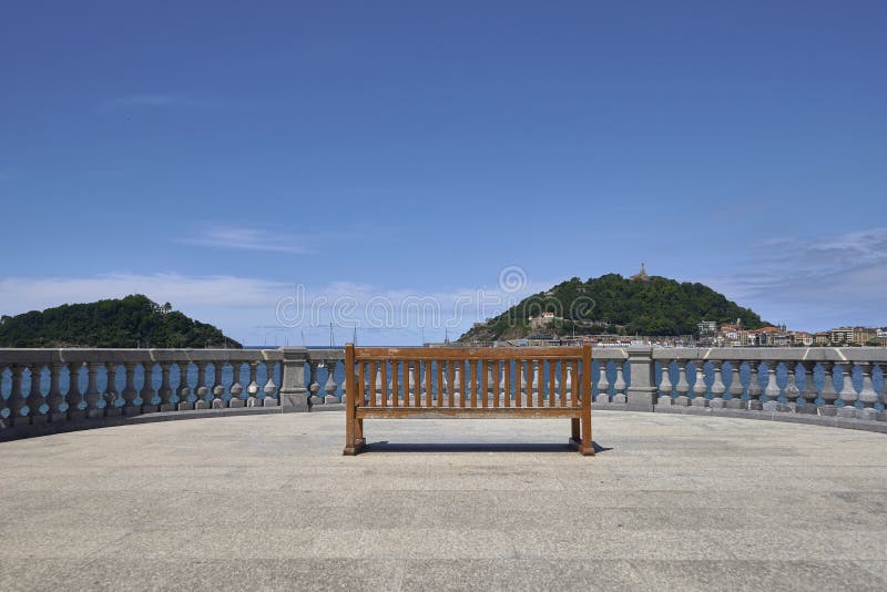 Empty Bench of a Viewpoint on La Concha Beach Stock Photo - Image of ...