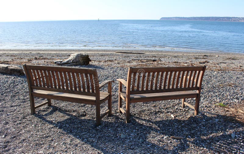 Empty Benches on a Beach with a Beautiful Sea View Stock Image - Image ...