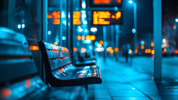 Empty Benches at Nighttime Bus Stop Waiting Area Stock Illustration ...
