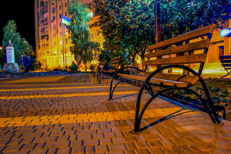 Empty Benches in the Park at Night Stock Image - Image of benches ...