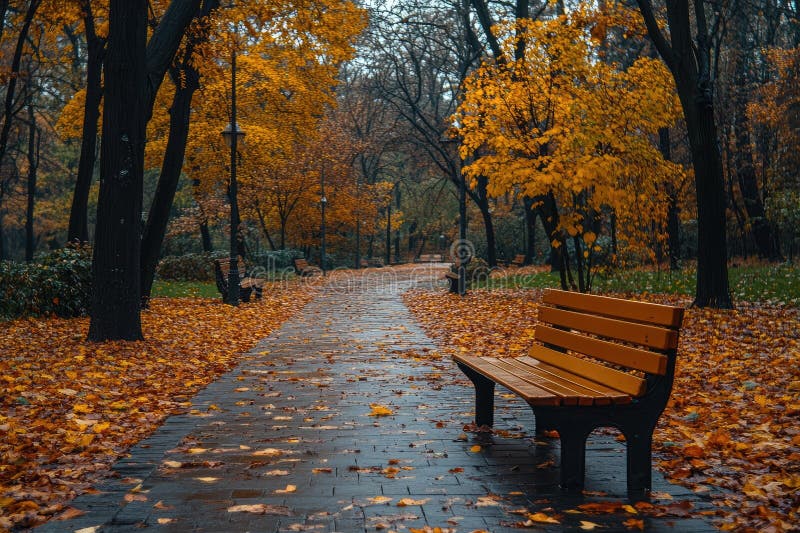 Empty Benches Standing on a Path Covered by Fallen Leaves in Autumn ...