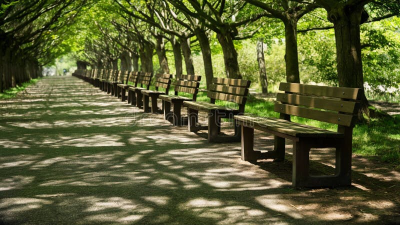 Empty Benches Under Sunlight Along a Peaceful Tree-lined Path Stock ...