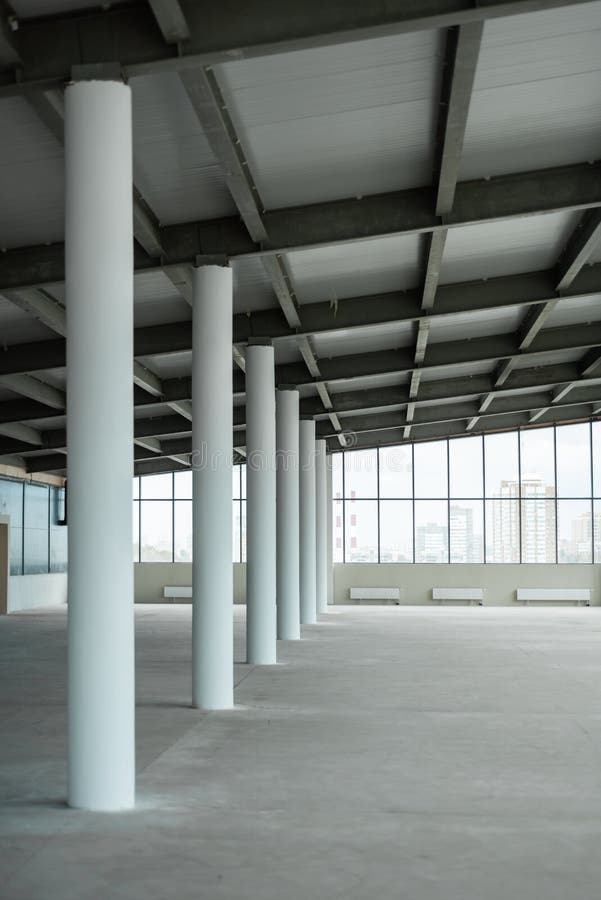 Empty Big Room with White Columns and Big Windows Stock Image - Image ...