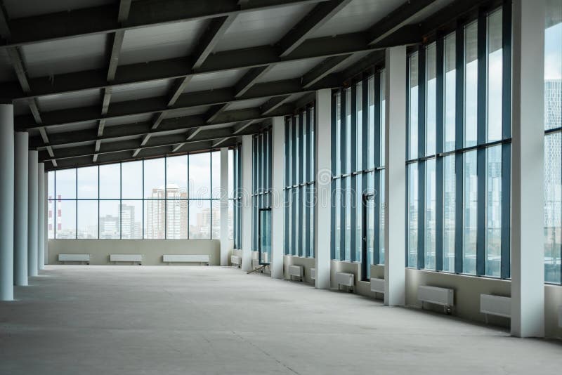 Empty Big Room with White Columns and Big Windows Stock Image - Image ...