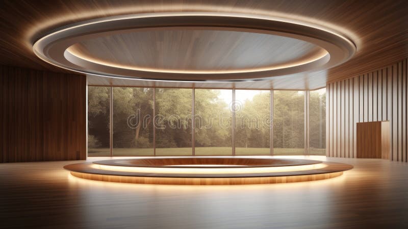 Empty Big Round Office Interior with Wooden Design. Concept of High ...