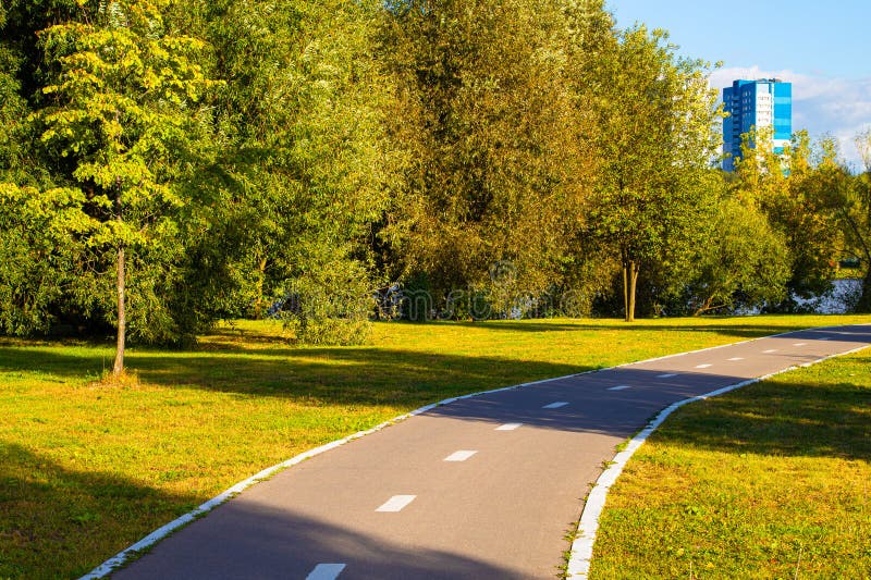 Empty Bike Path with Markings in the Park. Stock Image - Image of ...