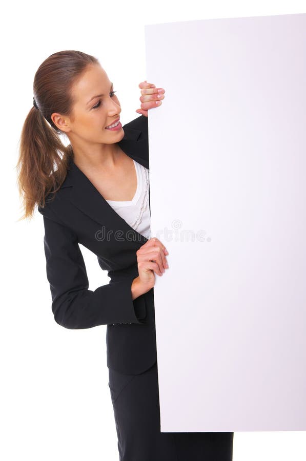 Happy African American Woman Pointing at Billboard Sign White ...
